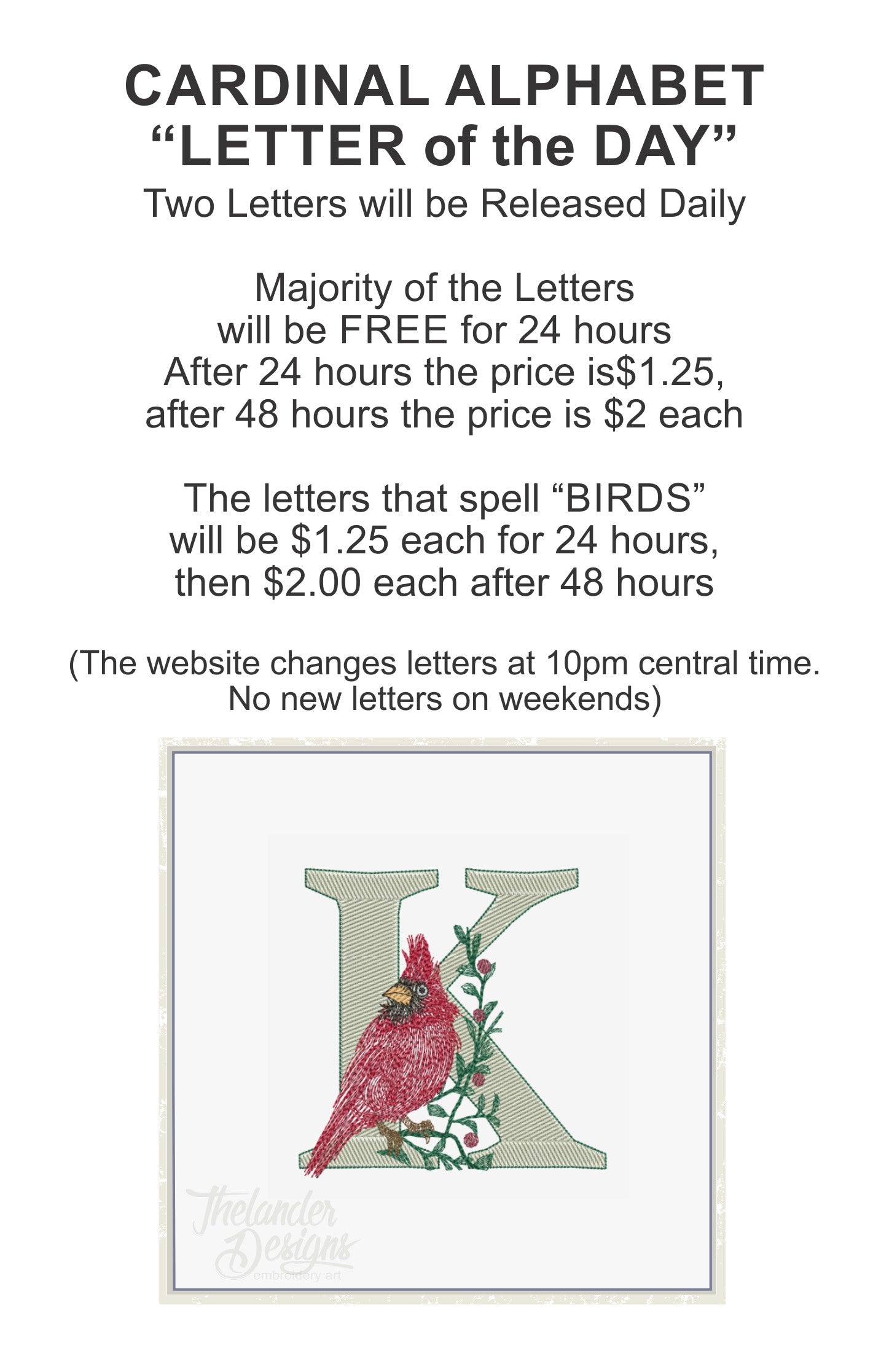 K Cardinal Letter T1898 – Thelander Designs